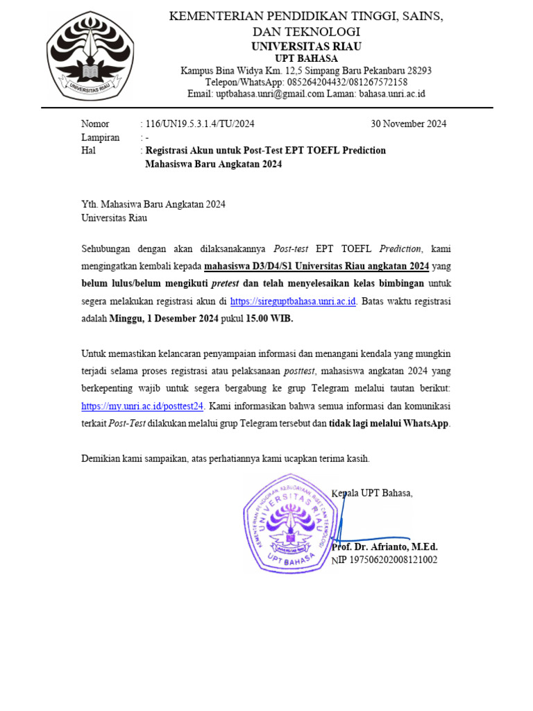 Registrasi Post-Test TOEFL 2024 UNRI | PDF