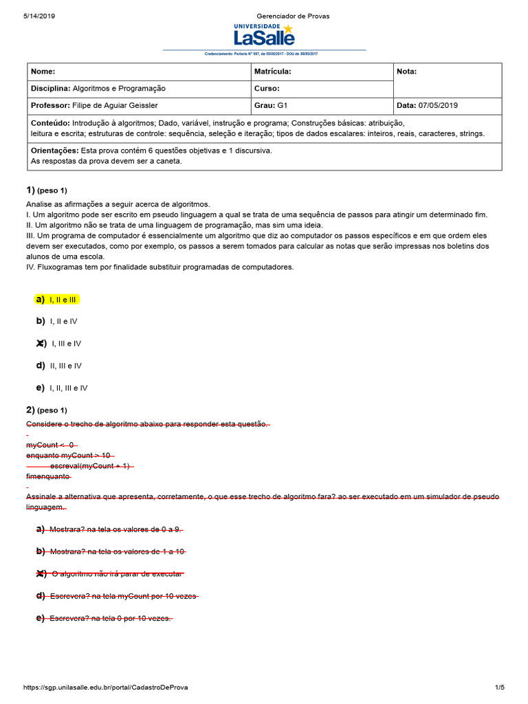 Prova G1 - Algoritmos Filipe | PDF | Algoritmos | Engenharia de Software