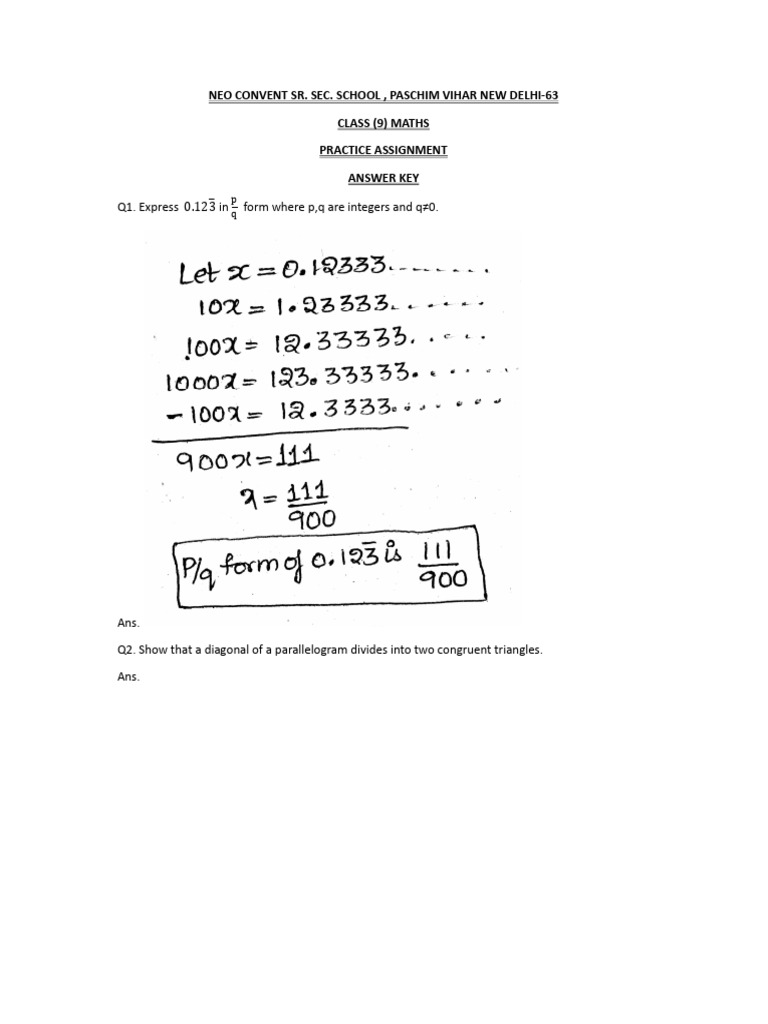 ANS KEY PRACTICE ASSIGNMENT CLASS 9 | PDF