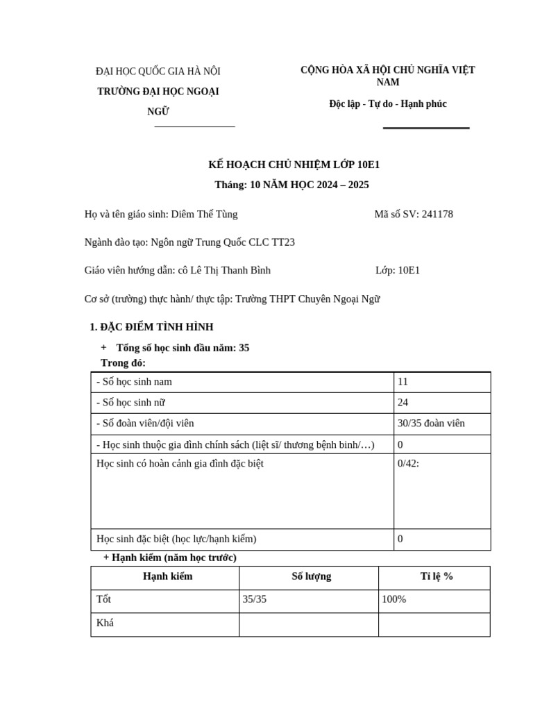 # (SINH) KH Chủ Nhiệm Lớp PDF | PDF