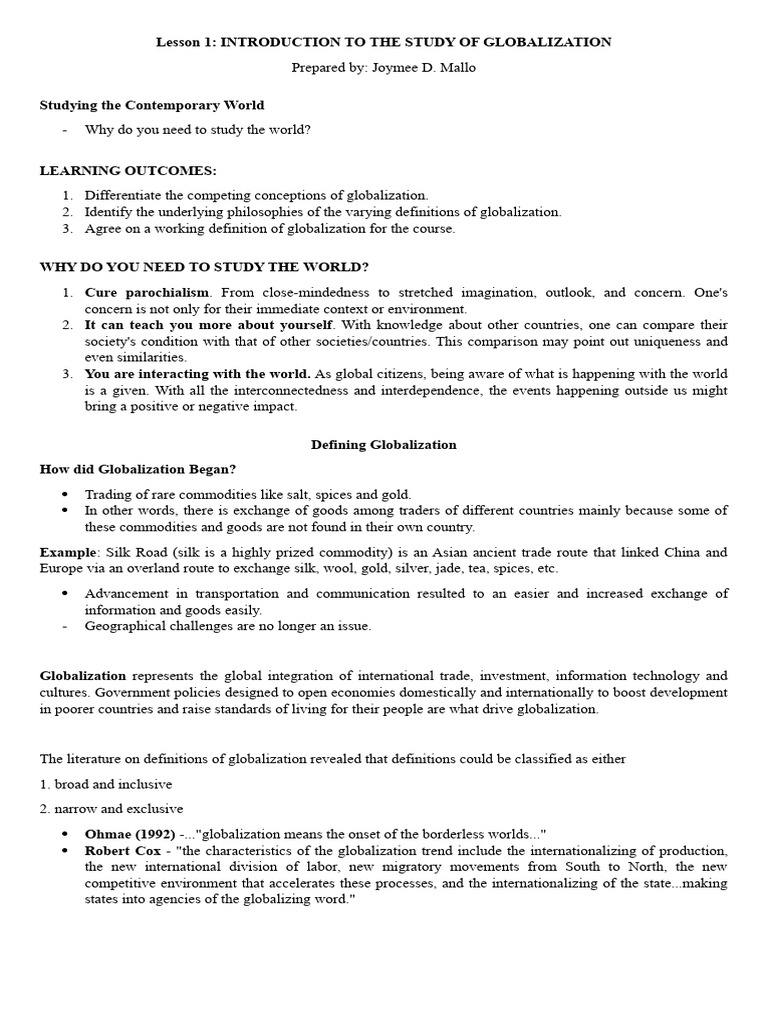 Lesson 1 Introduction To The Study of Globalization | PDF | Globalization | Liberal Arts Education