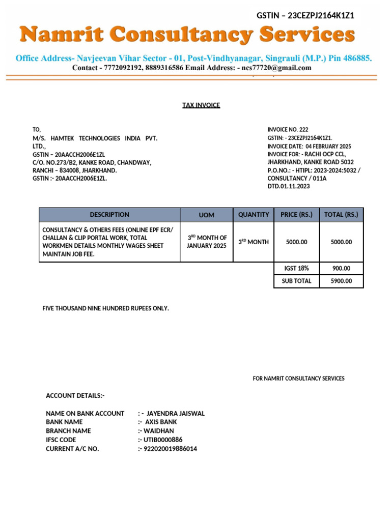 Hamtek January 2025 Tax Invoice Rachi Site Jayendra | PDF
