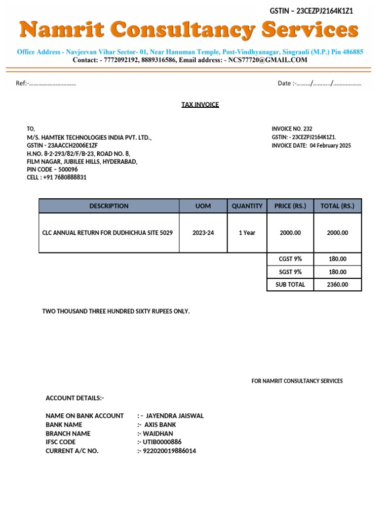 Hamtek Technologies_clc Annual Return Tax Invoice Duddhichua_2023-24 | PDF