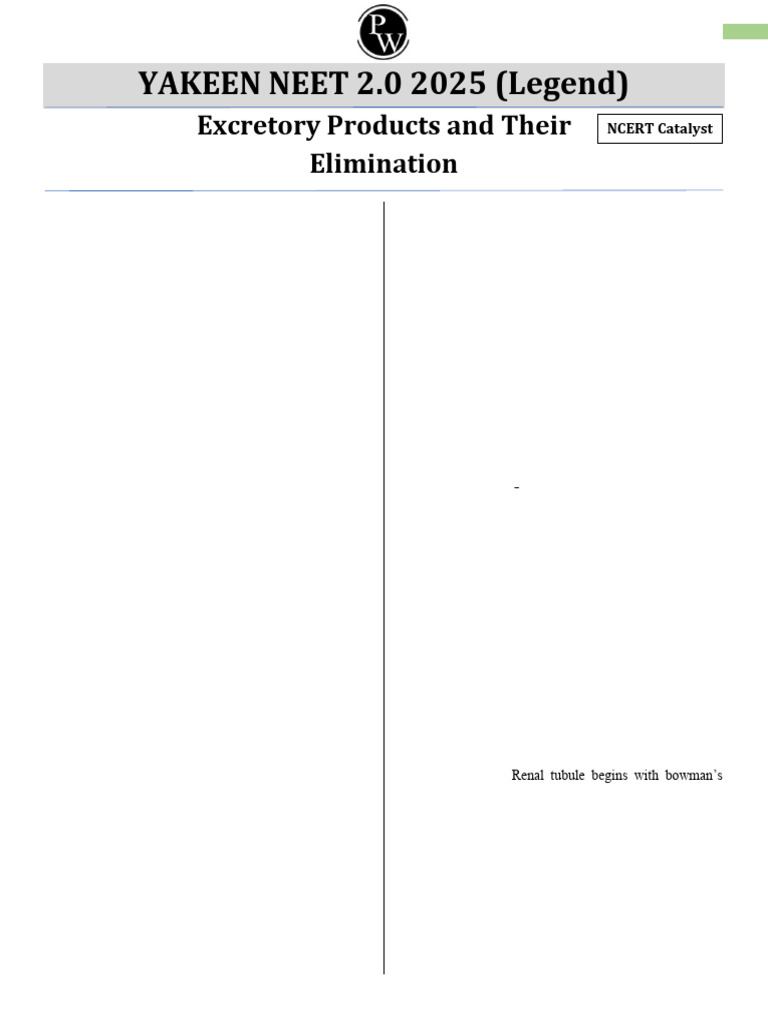 Excretory Products and Their Elimination NCERT Catalyst (O | PDF | Kidney