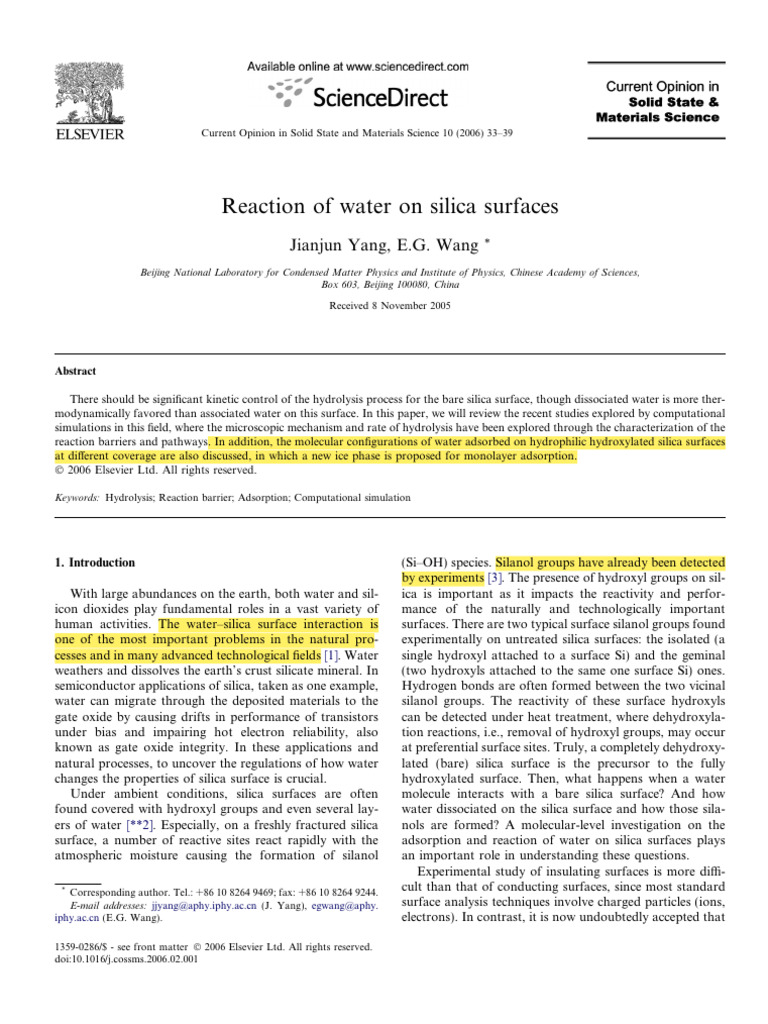 Water-Silica Surface Interaction Insights | PDF | Silicon Dioxide ...