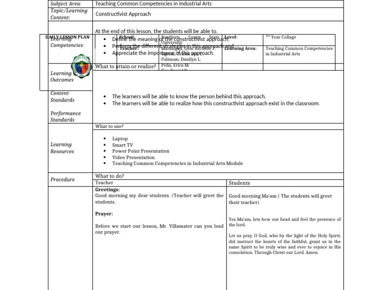 1DAILY LESSON PLAN Constructivist Approach | PDF | Lesson Plan ...