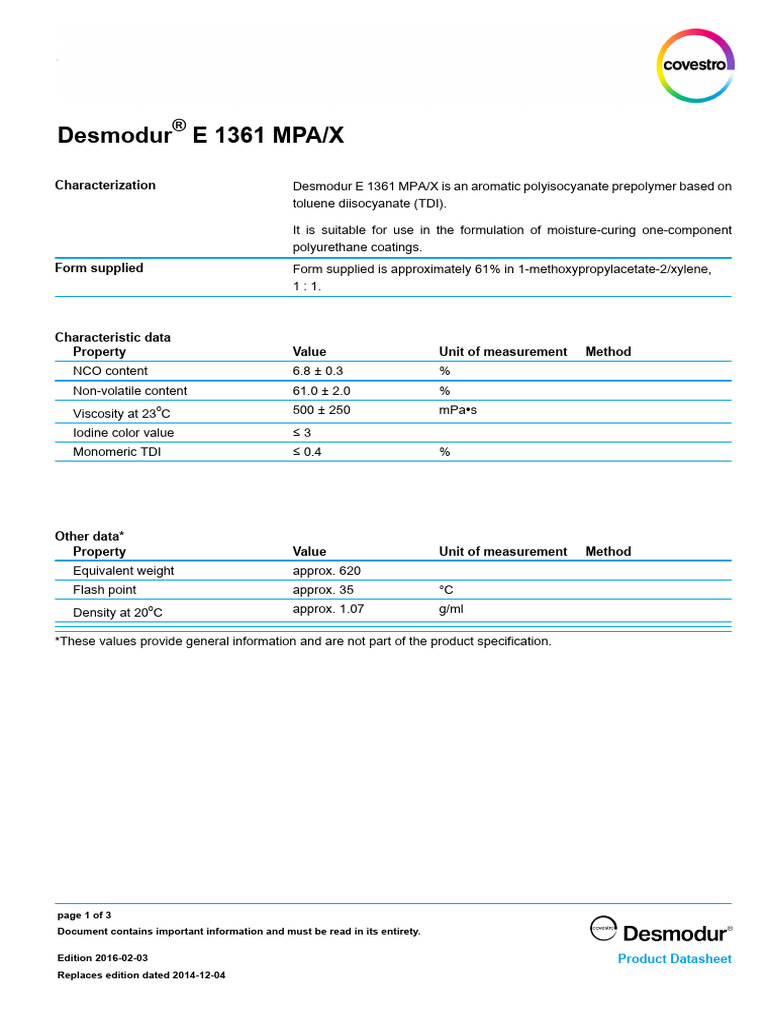 Desmodur E 1361 MPAX - en - 00831697 12978338 13422166 | PDF | Solvent ...