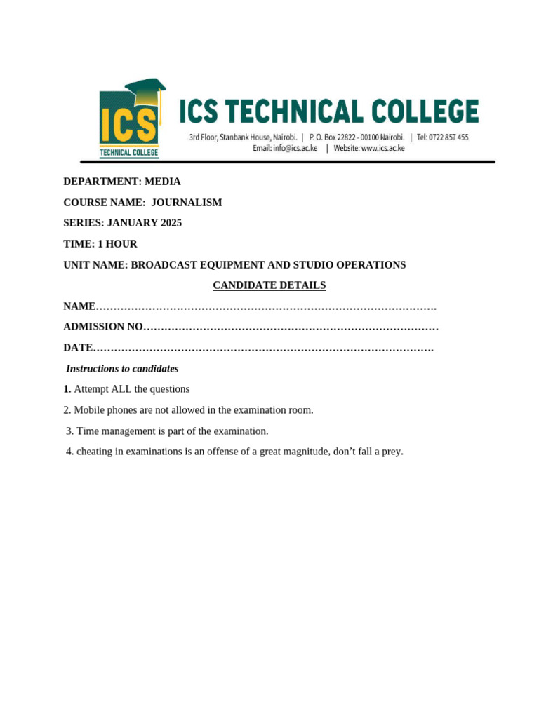 Broadcast Equipment & Studio Operations Exam | PDF