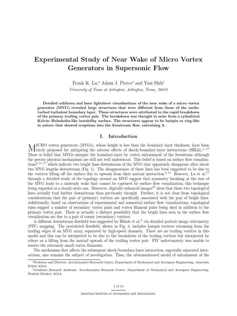 Experimental Study of Near Wake of Micro Vortex Generators in Supersonic Flow | PDF | Vortices ...