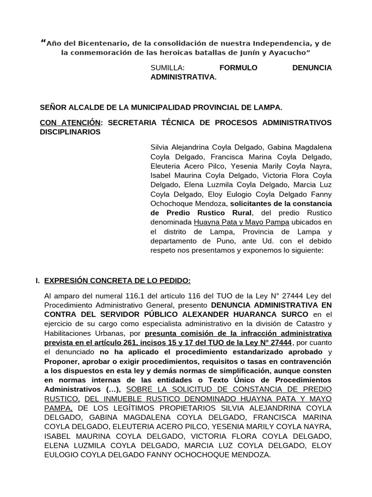 DENUNCIA ELOY COYLA | PDF | Gobierno