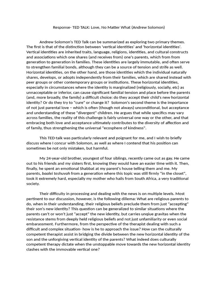 Response - Solomon Andrew TED Talk - Love and Acceptance | PDF | Love | Behavioural Sciences