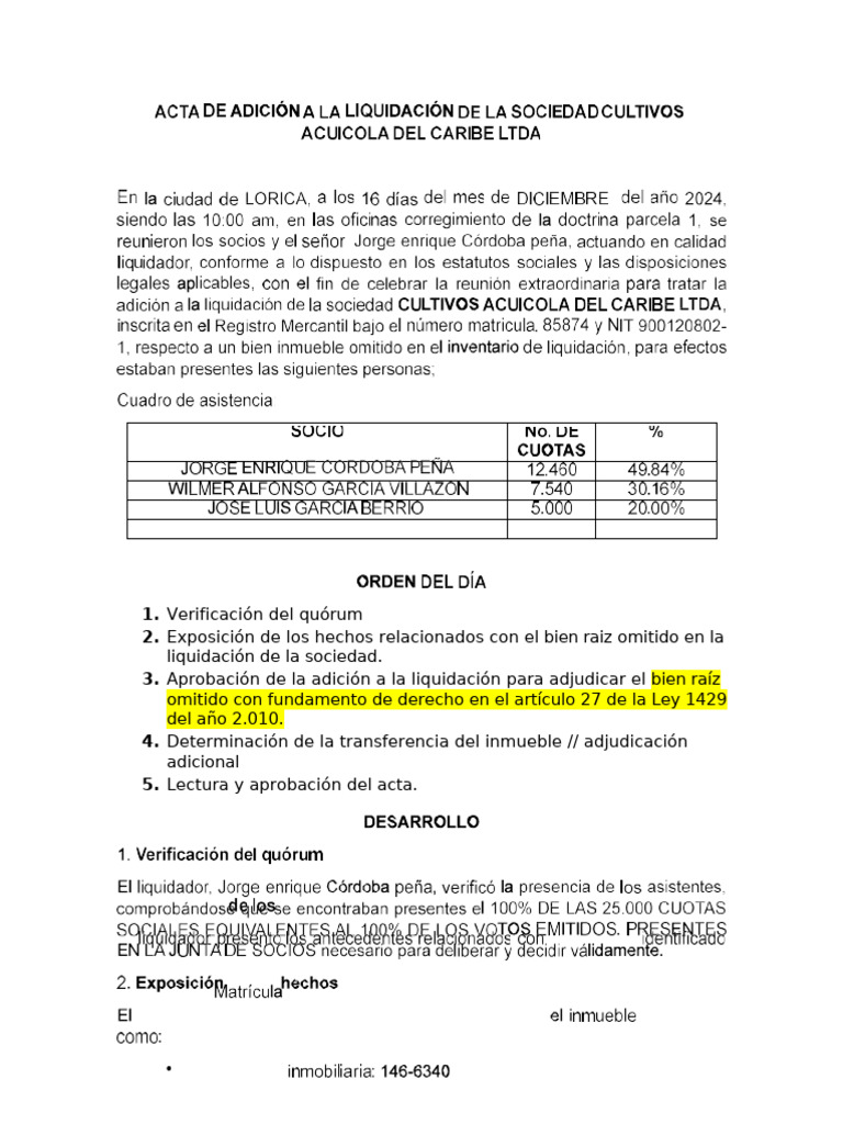 Acta de Adicion Liquidacion Aquacaribe | PDF