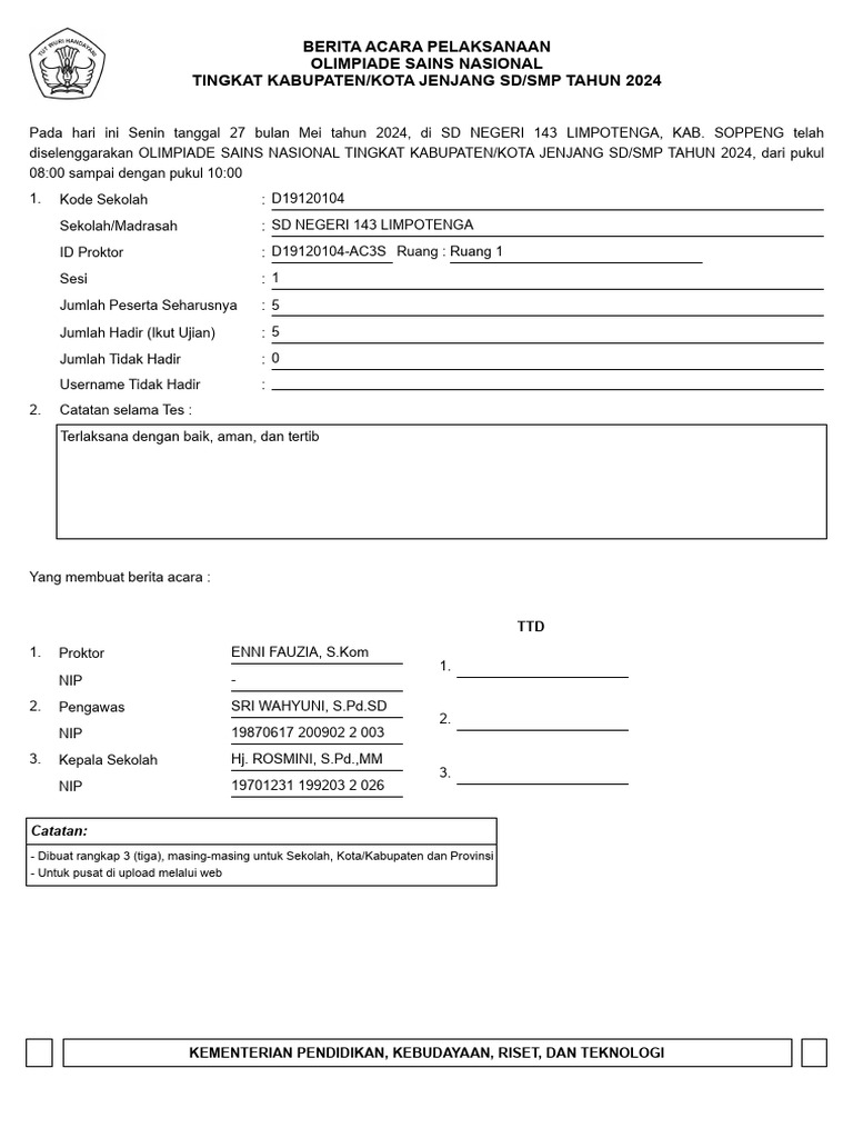 Berita Acara H-1 | PDF