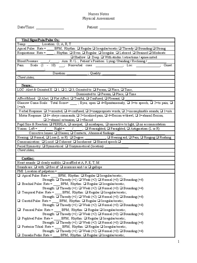 Physical Assessment Checklist | PDF | Pulse | Urinary Incontinence