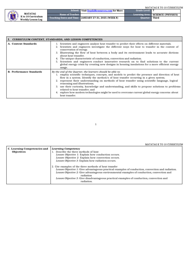 Grade 7 Physics: Heat Transfer Lesson Plan | PDF | Heat Transfer | Heat