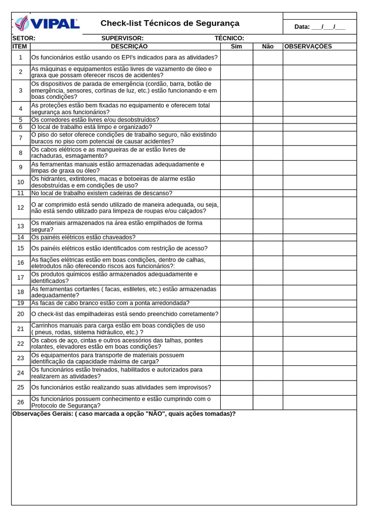 Check-list de Segurança do Trabalho | PDF | Empilhadeira | Equipamento