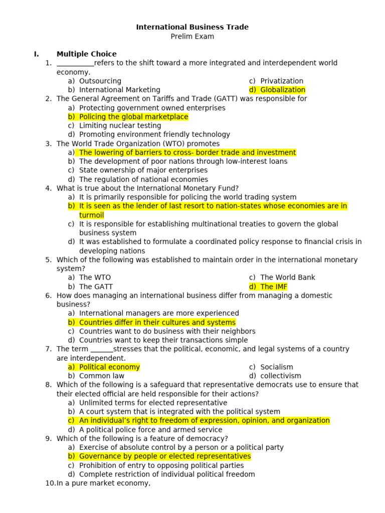 Prelim Exam - IBT | PDF | Cost Of Living | Globalization