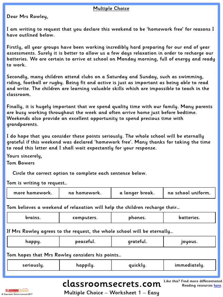 Multiple Choice ks2 Reading Practice Easy | PDF | Homework