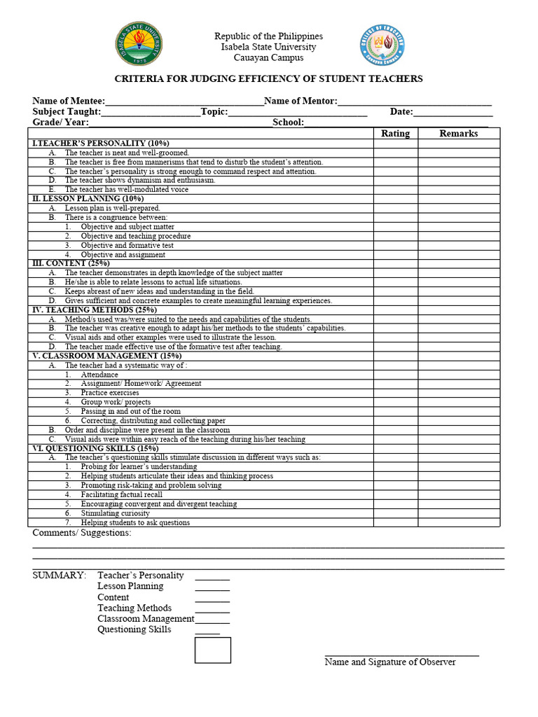 Teachinf Demo Checklist 1 | PDF | Teachers | Teaching Method
