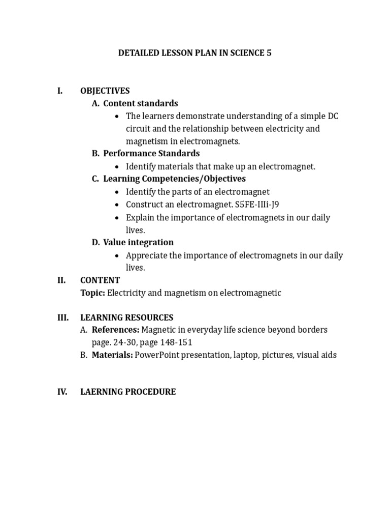 Detailed Lesson Plan in Science 5 | PDF | Electromagnetism | Physical ...
