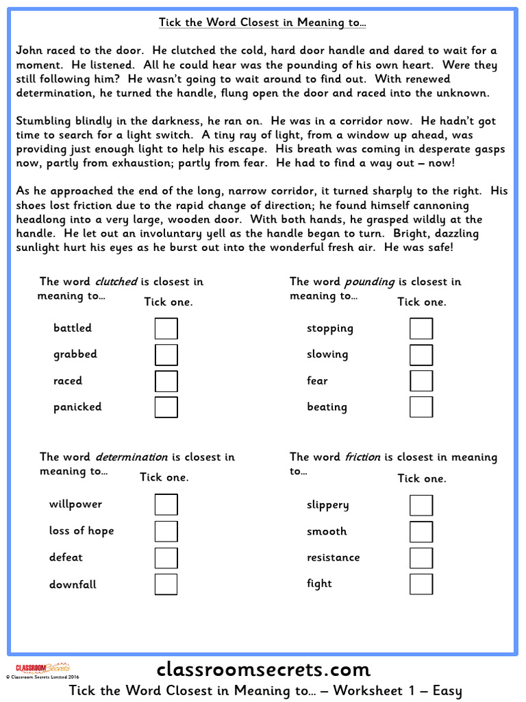 Tick The Word Closest in Meaning To Reading ks2 Easy | PDF