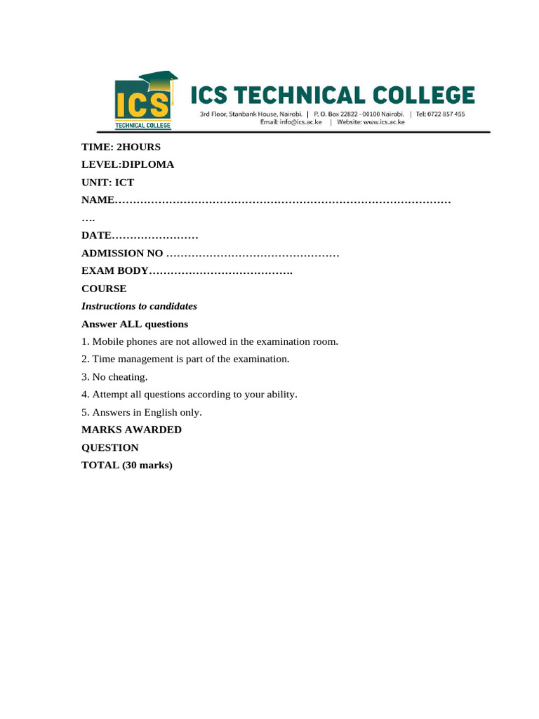 Diploma ICT Exam Instructions | PDF