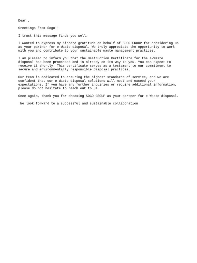 Thank You For Choosing SOGO GROUP and You Will Get Destructin Certificate Shortly | PDF