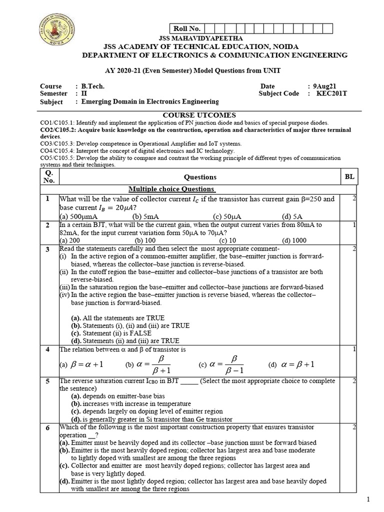 Unit 2 MCQ_BJT | PDF | Bipolar Junction Transistor | Electronic Engineering