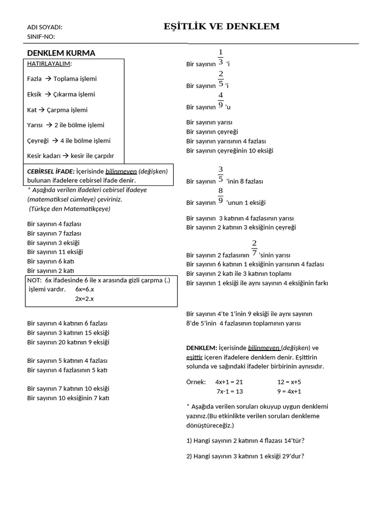 Eşitlik Ve Denklem Kurma | PDF