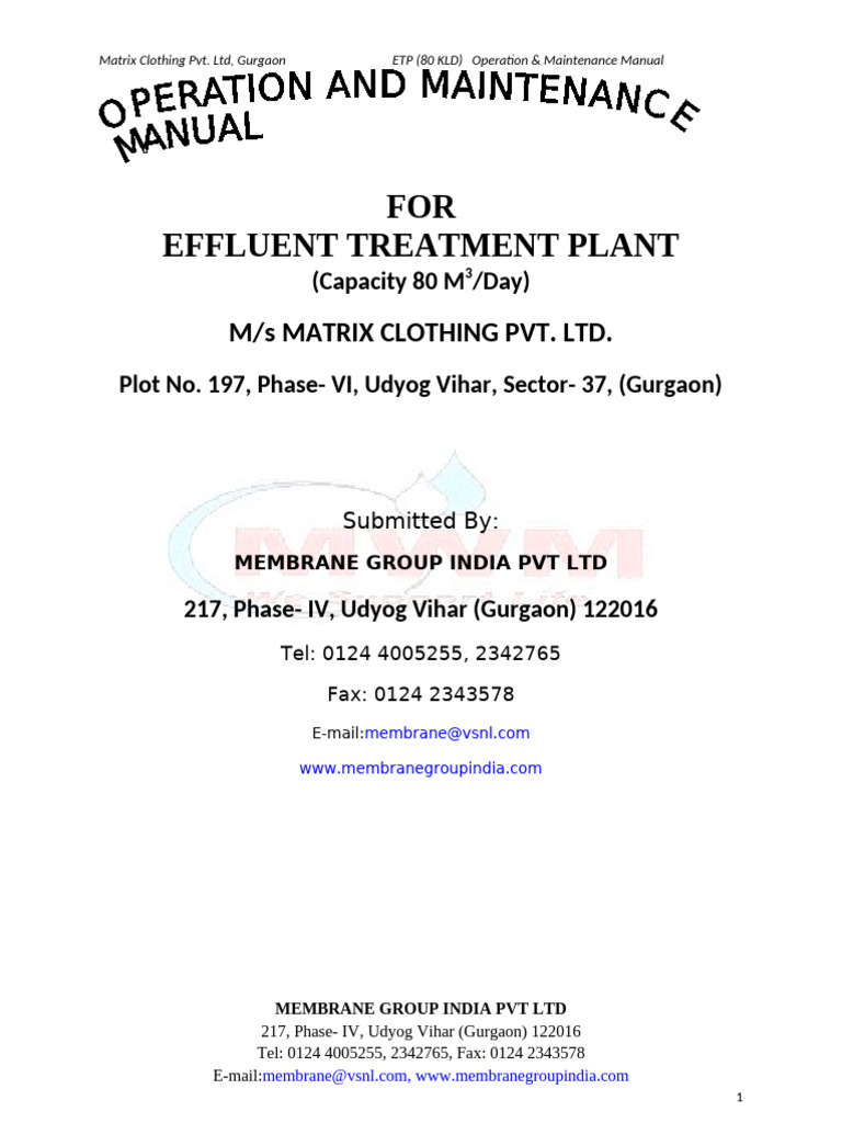 O&M Manual For ETP Matrix | PDF | Environmental Issues With Water | Water Treatment