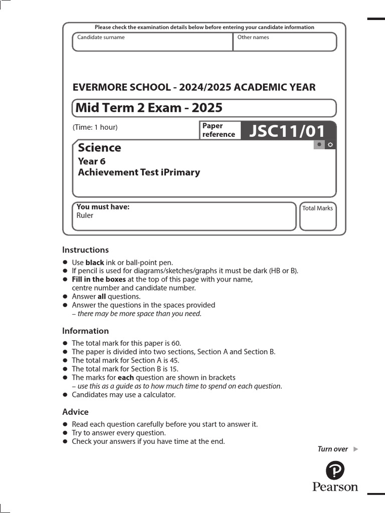 Year 6 Science Mid Term Exam Paper | PDF | Flowers | Breathing