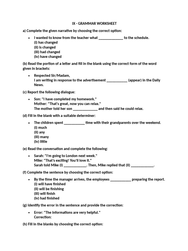 IX- GRAMMAR WORKSHEET | PDF