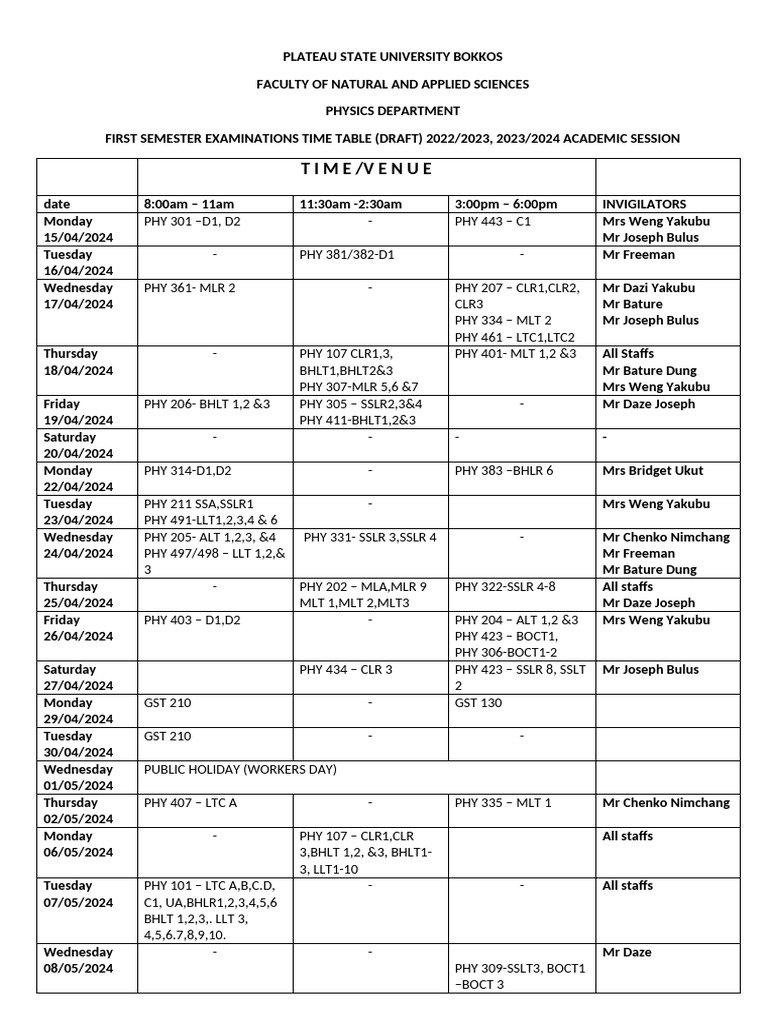 FIRST SEMESTER EXAMINATION TIME TABLE 2022 2023 AND 2023 2024 ACADEMIC SESSION | PDF ...