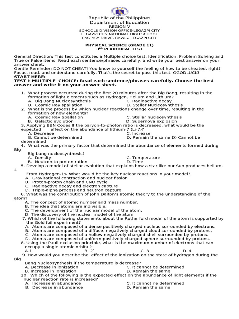 3rd Quarter Periodical Test-Physcial Science-Grade 11 | PDF | Nuclear ...