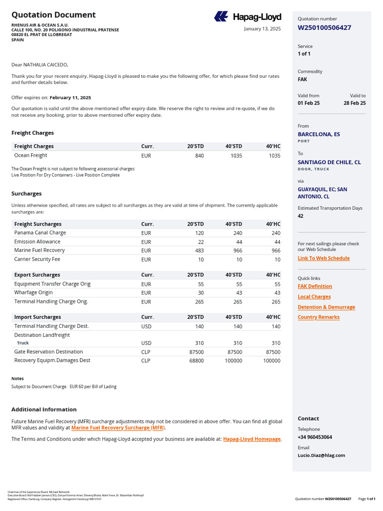 Quotation W250100506427 ESBCN CLSCL | PDF | Cargo | Transport