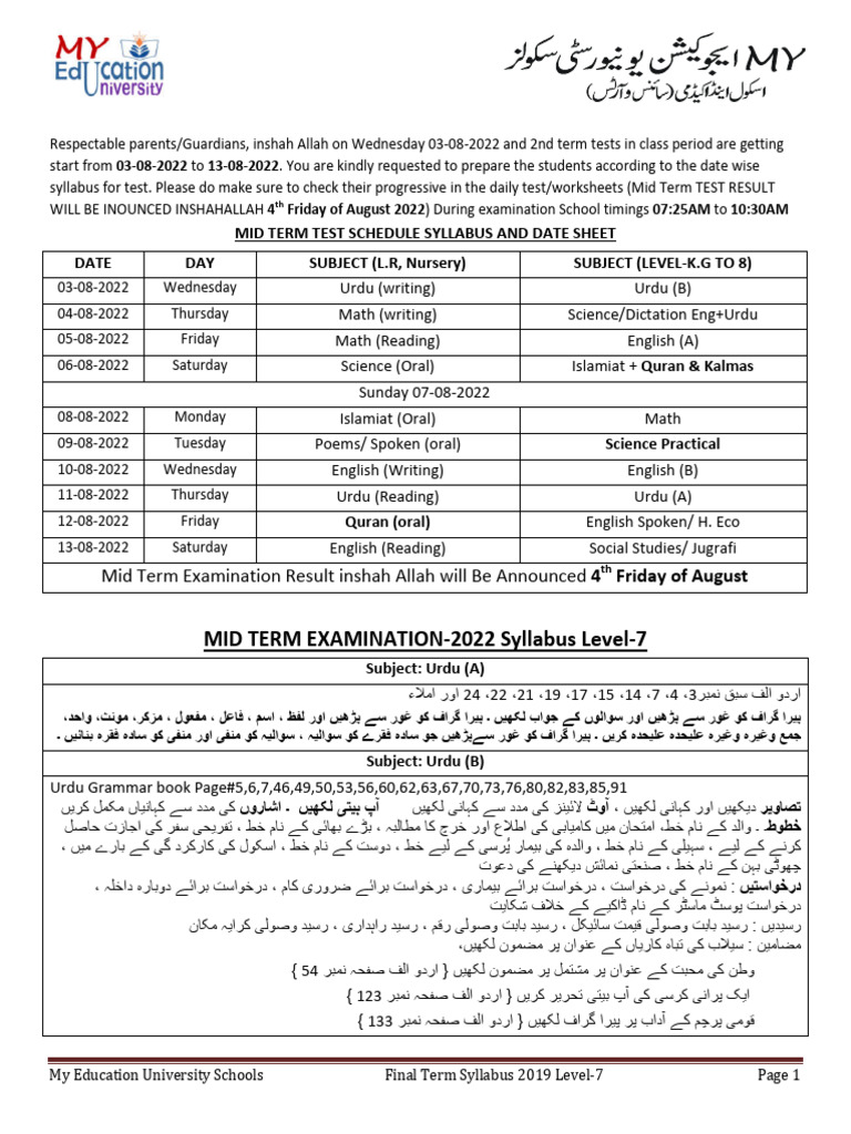 Syllabus Level-7 Mid Term 2022 Examination | PDF | Languages | Foreign Language Studies