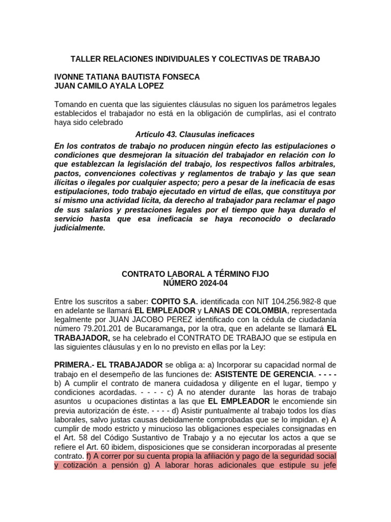 Contrato. - Taller de Relaciones Individuales | PDF | Derecho laboral | Salario