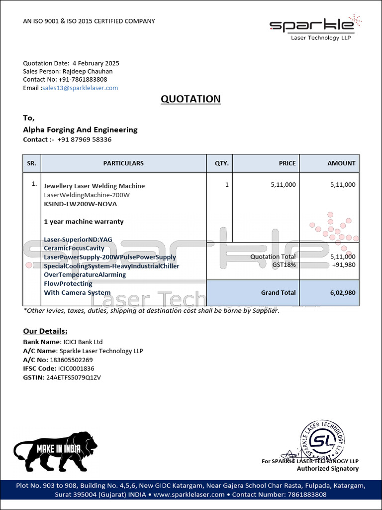 Quatation of 200w Nova Alpha Forging and Engineering Boisar | PDF ...