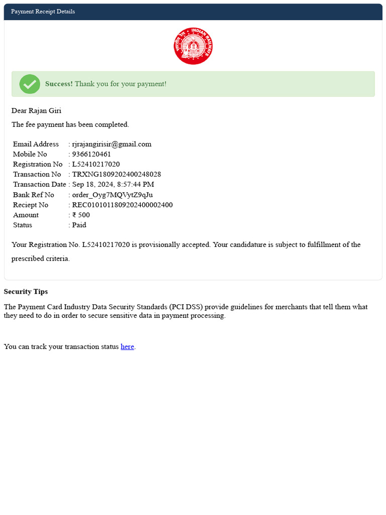 Rrbapply - Gov.in # Pscexamservice Payment-Receipt Successful | PDF