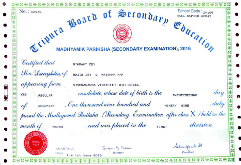 Class 10 Certificate of Bikrant Dey - Compressed | PDF