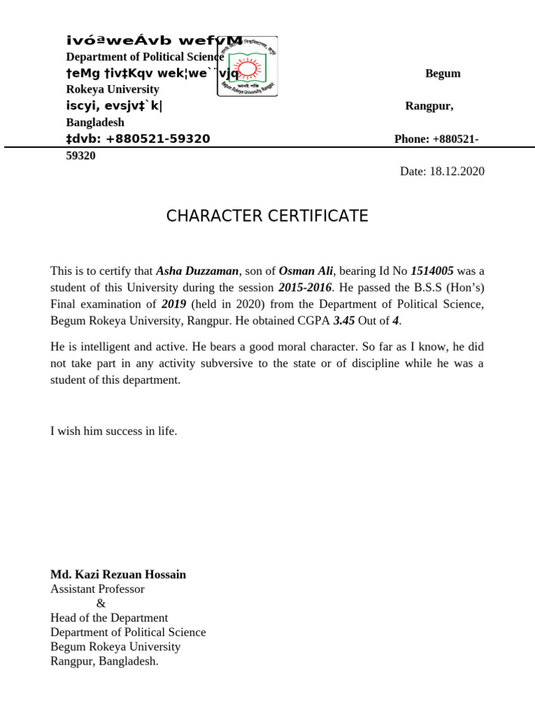 Demo Character Certificate | PDF