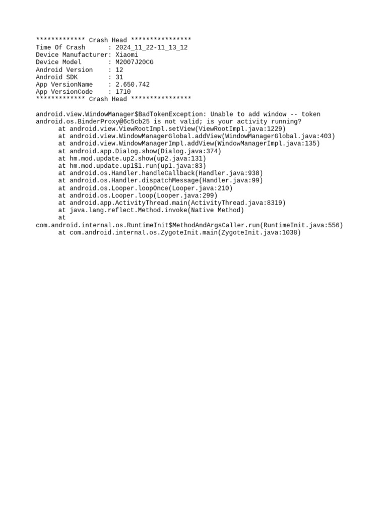 Xiaomi Crash Report: BadTokenException | PDF