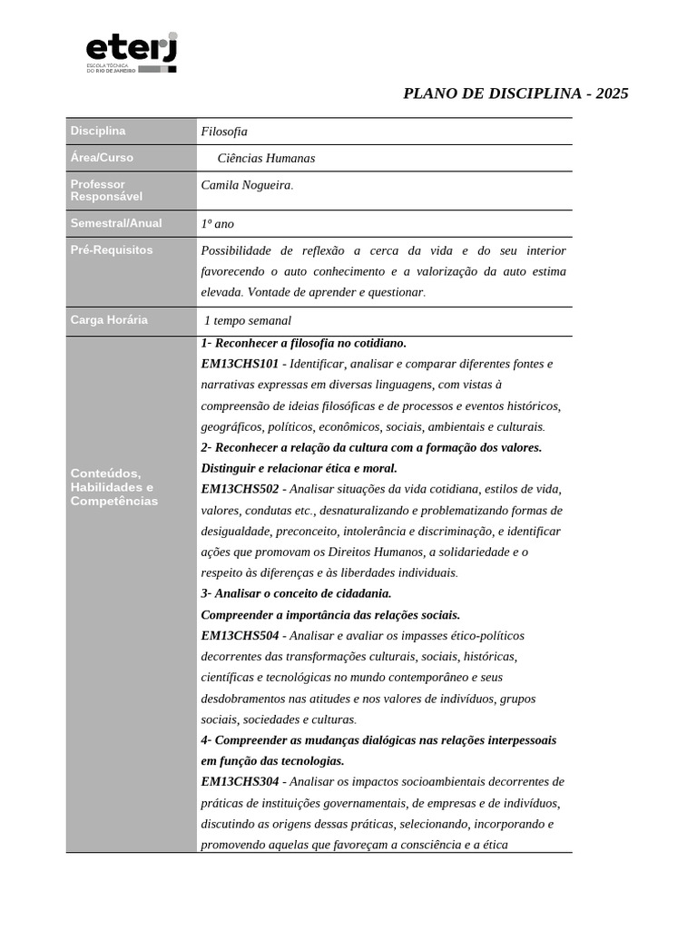 PLANO de DISCIPLINA - Filosofia e Sociologia 1º e 2º Ano - 2025 | PDF | Sociologia | Sociedade