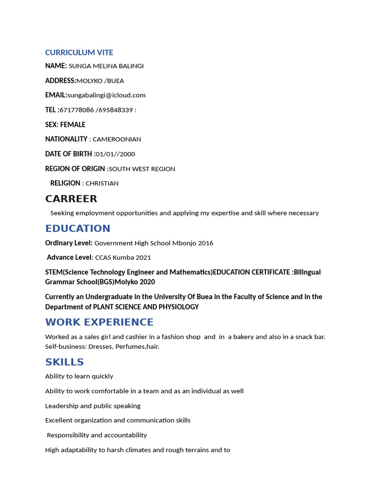 Curriculum Vitae of Melina Balingi | PDF