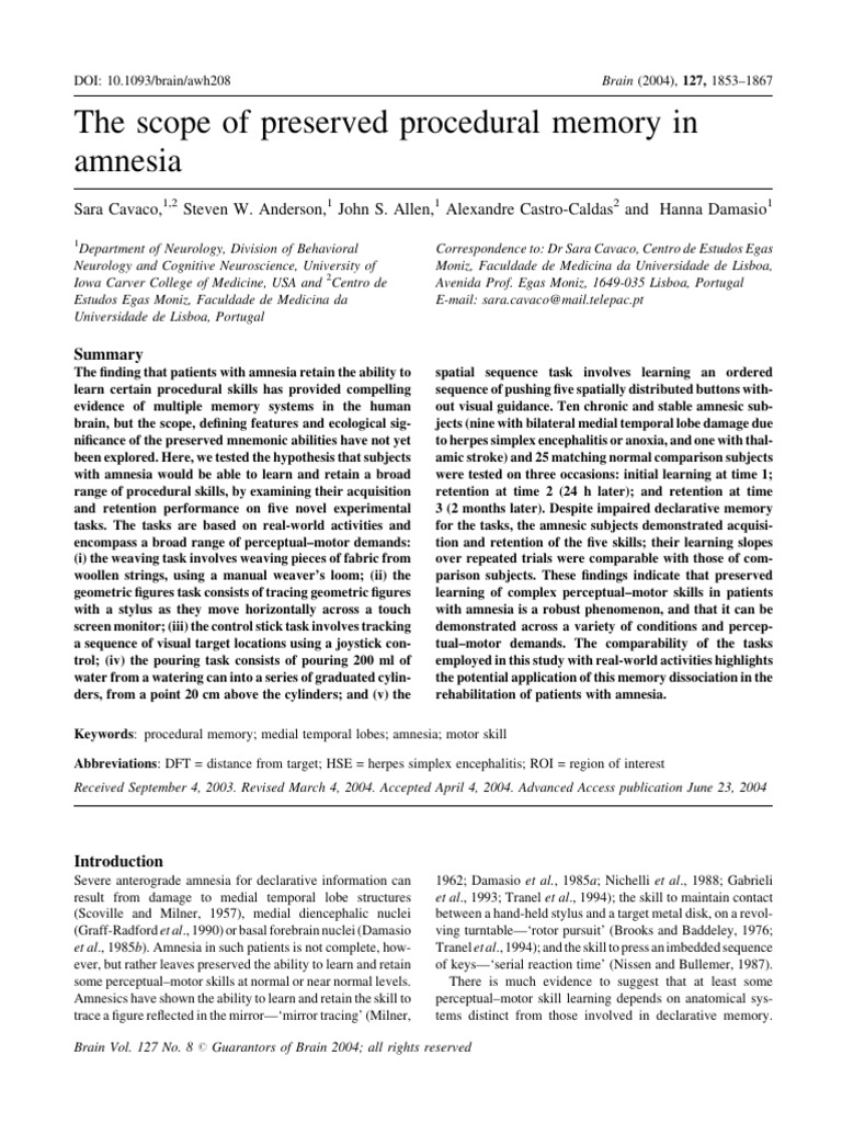 The Scope of Preserved Procedural Memory in Amnesia | PDF | Wechsler Adult Intelligence Scale ...