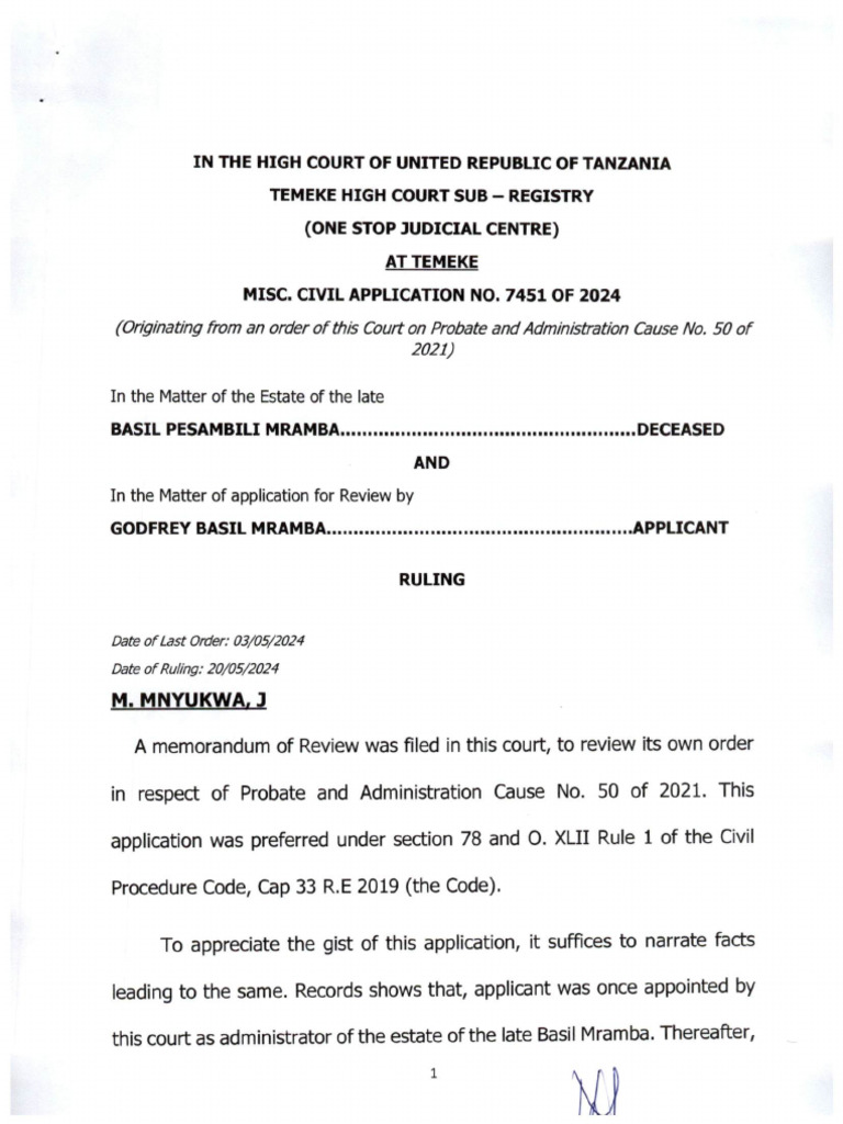 Basil Pesambili Mramba Vs Godfrey Basil Mramba (Misc Civil Application ...