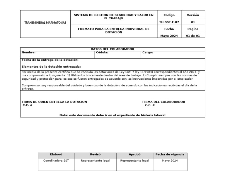 TH-SSG-F-007 Entrega de Dotacion | PDF