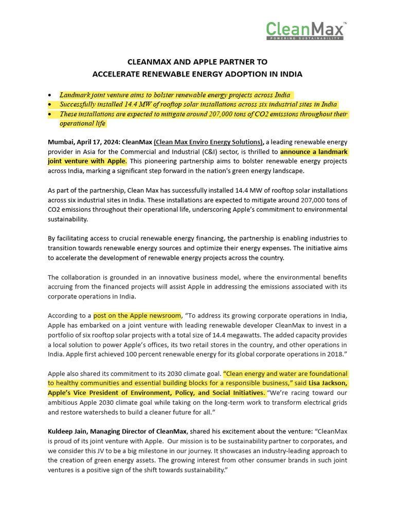 Cleanmax and Apple Partner To Accelerate Renewable Energy Adoption in ...