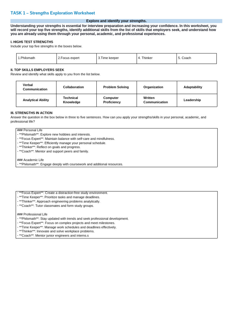 Strengths Exploration Worksheet | PDF
