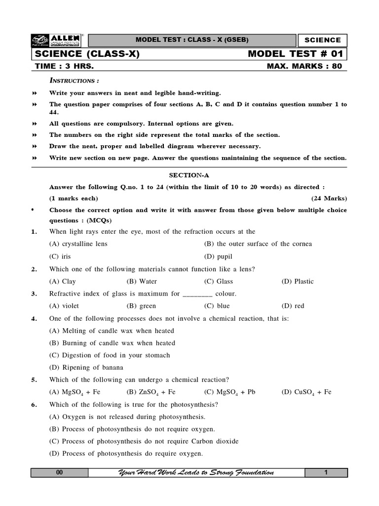 Science (Class-X) Model Test # 01: Time: 3 Hrs. Max. Marks: 80 | PDF ...